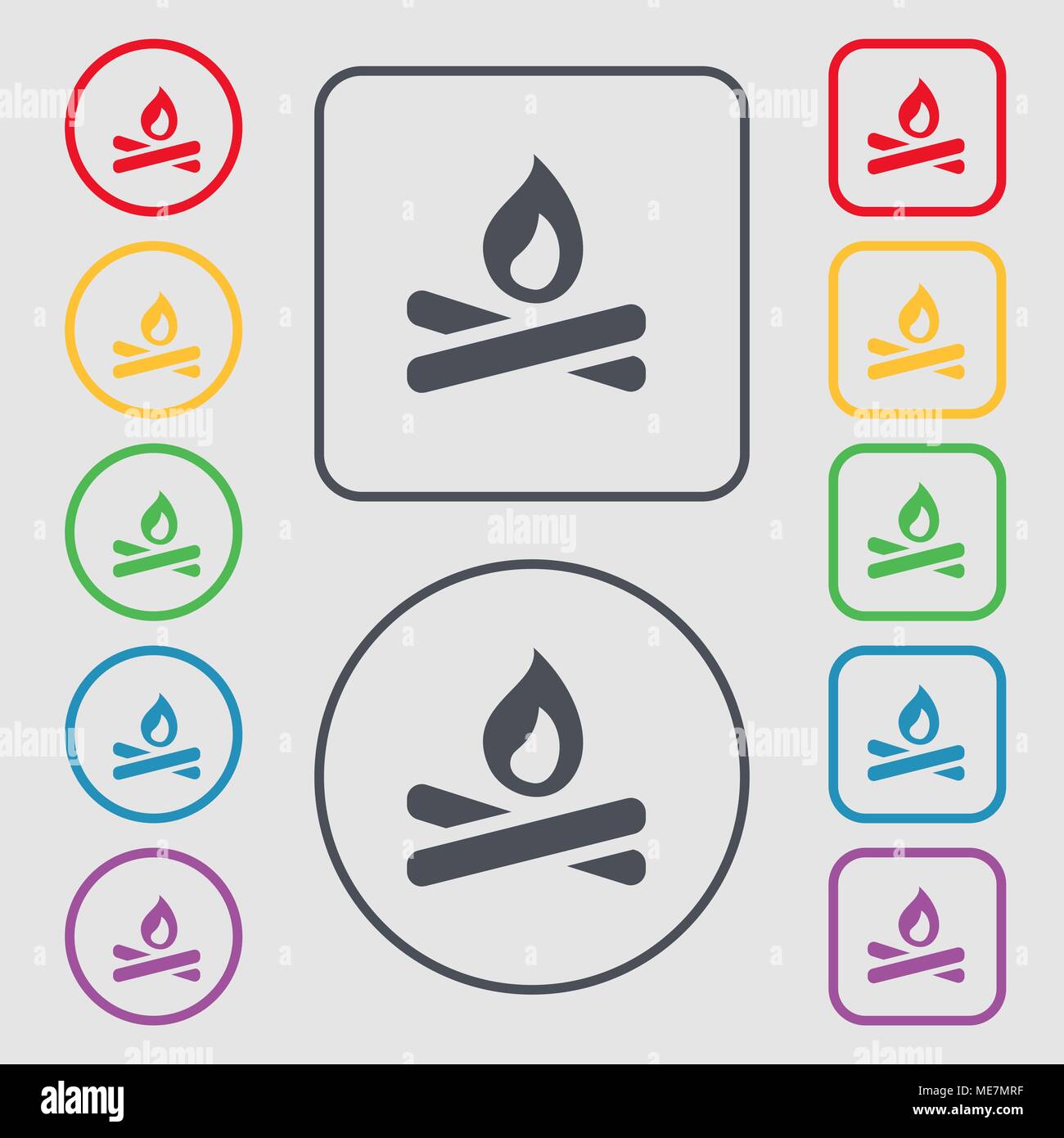 Fire flame icon sign. symbol on the Round and square buttons with frame ...