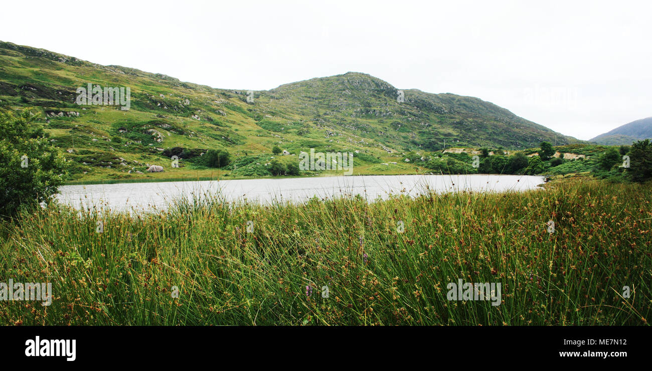 Lake and green hills. A scenic view of a Kerry Mountains and ...