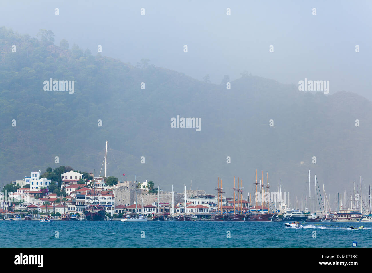 View of the mountains during the rain in the bay of Marmaris Stock ...