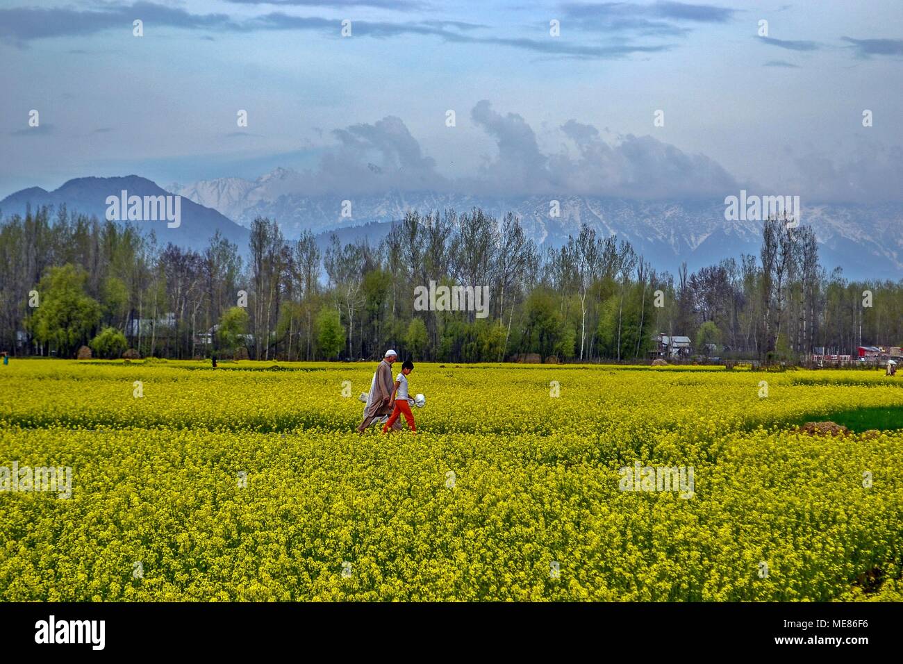 Awantipora, J&K, India. 21st April, 2018. - Kashmiri residents walk ...