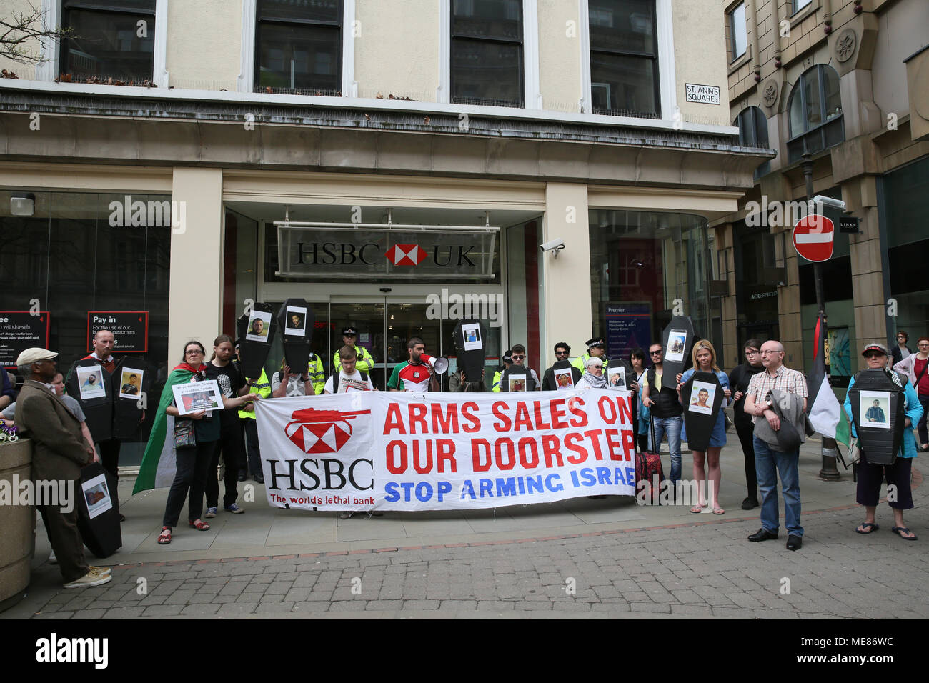Manchester, UK. 21st April, 2018. Pro Palestinian protesters stood with ...