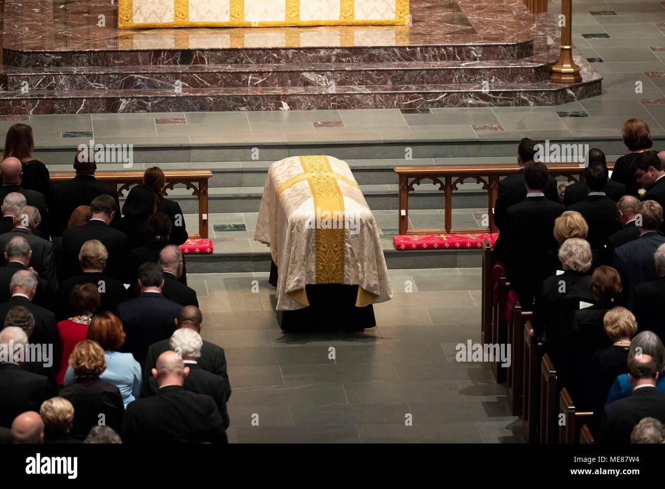 Former First Lady Barbara Bush's draped casket sits in front of the ...