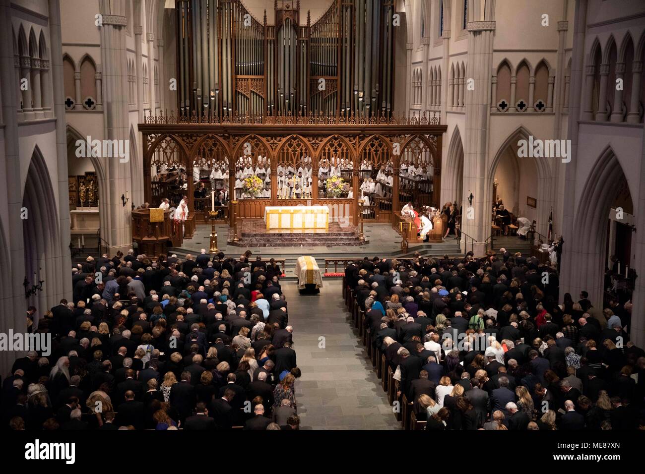 Former First Lady Barbara Bush's draped casket sits in front of the ...