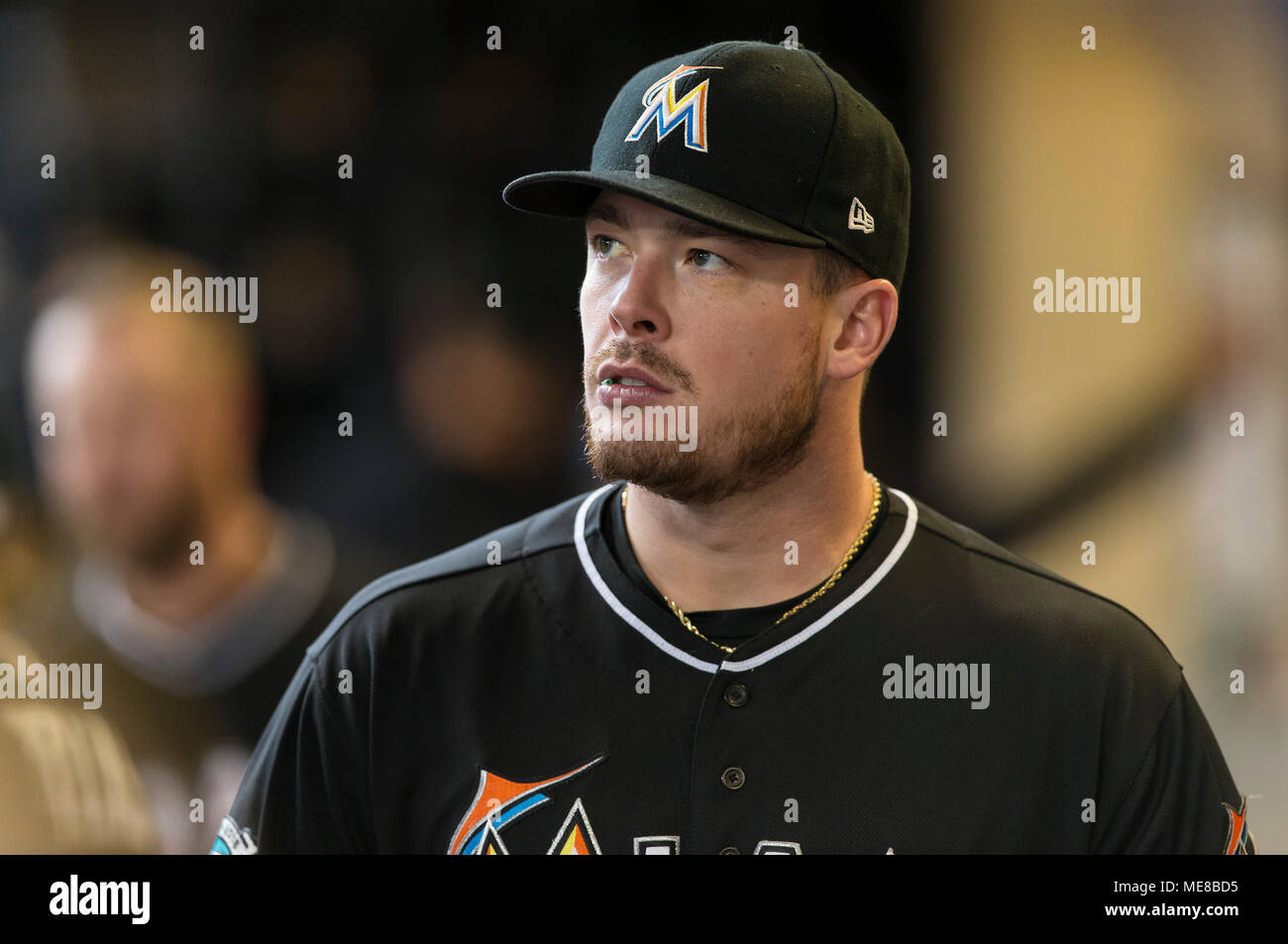 Milwaukee, WI, USA. 21st Apr, 2018. Miami Marlins first baseman Justin ...