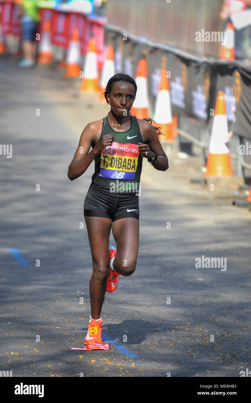 London, UK. 22 April 2018. Tirunesh Dibaba (Ethiopia) passes through ...