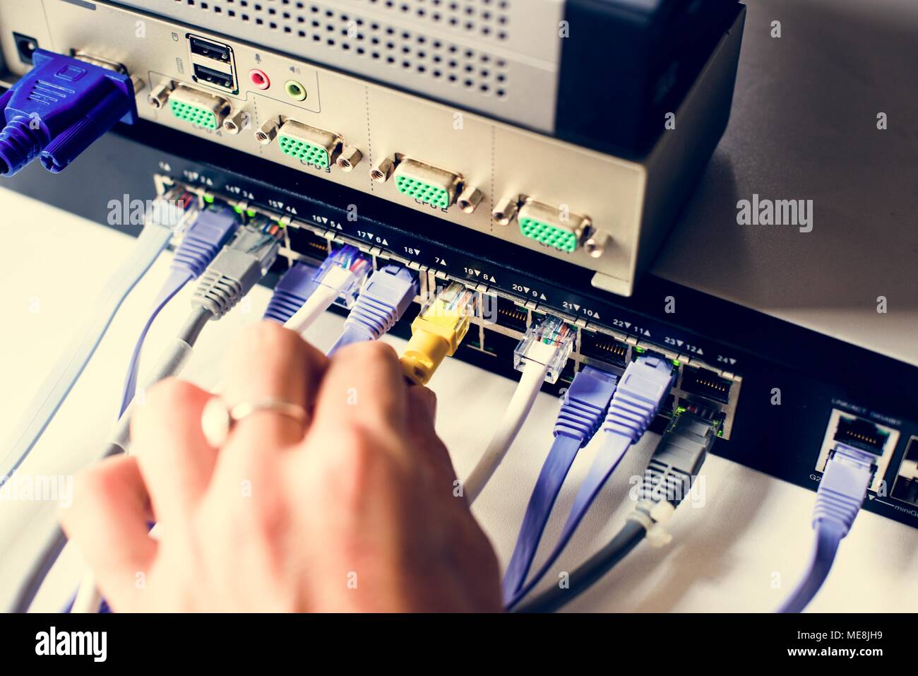 Hand holding a LAN cable to the hub Stock Photo - Alamy