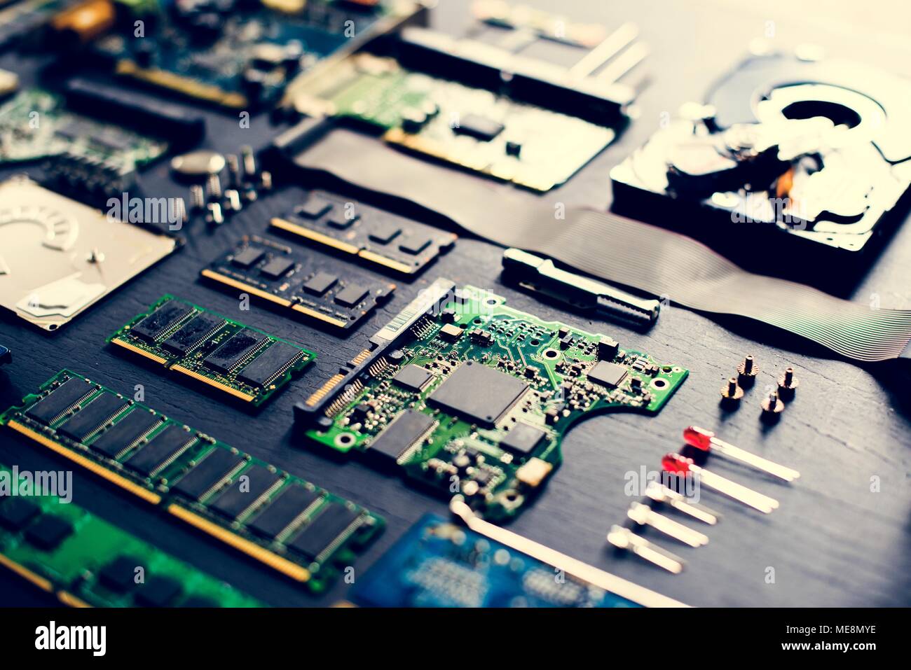 Closeup of electronics computer components microprocessors mainboard ...