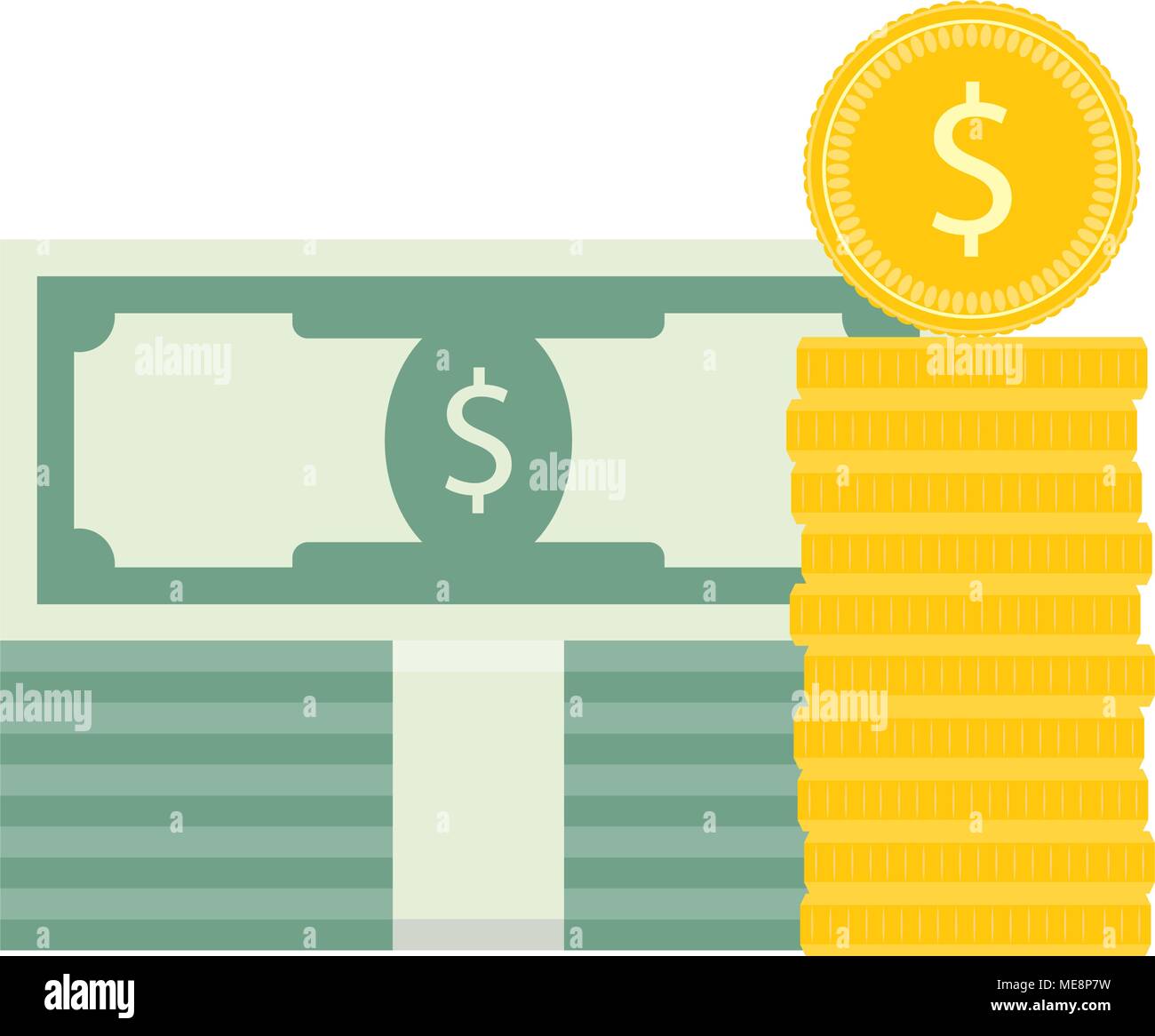Capital flat, coin and banknotes. Vector cash dollar, currency pile ...