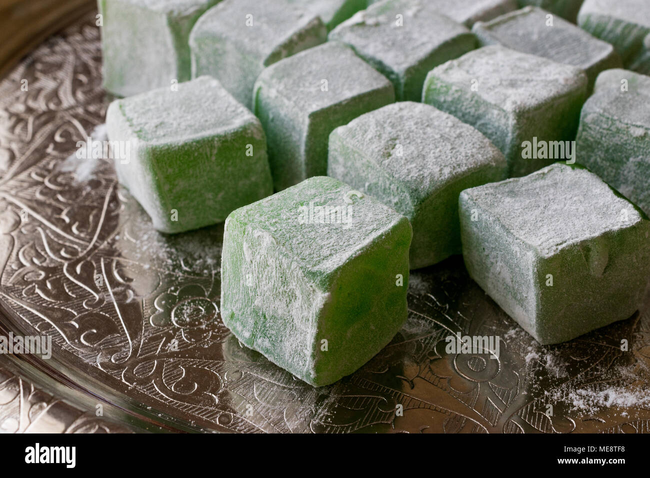 Turkish Delight with Mint Aroma on silver tray. Traditional Dessert ...