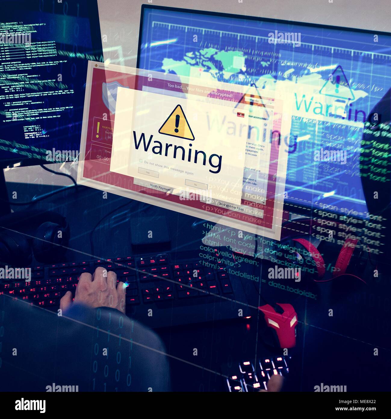 Computer with warning pop up sign window Stock Photo - Alamy