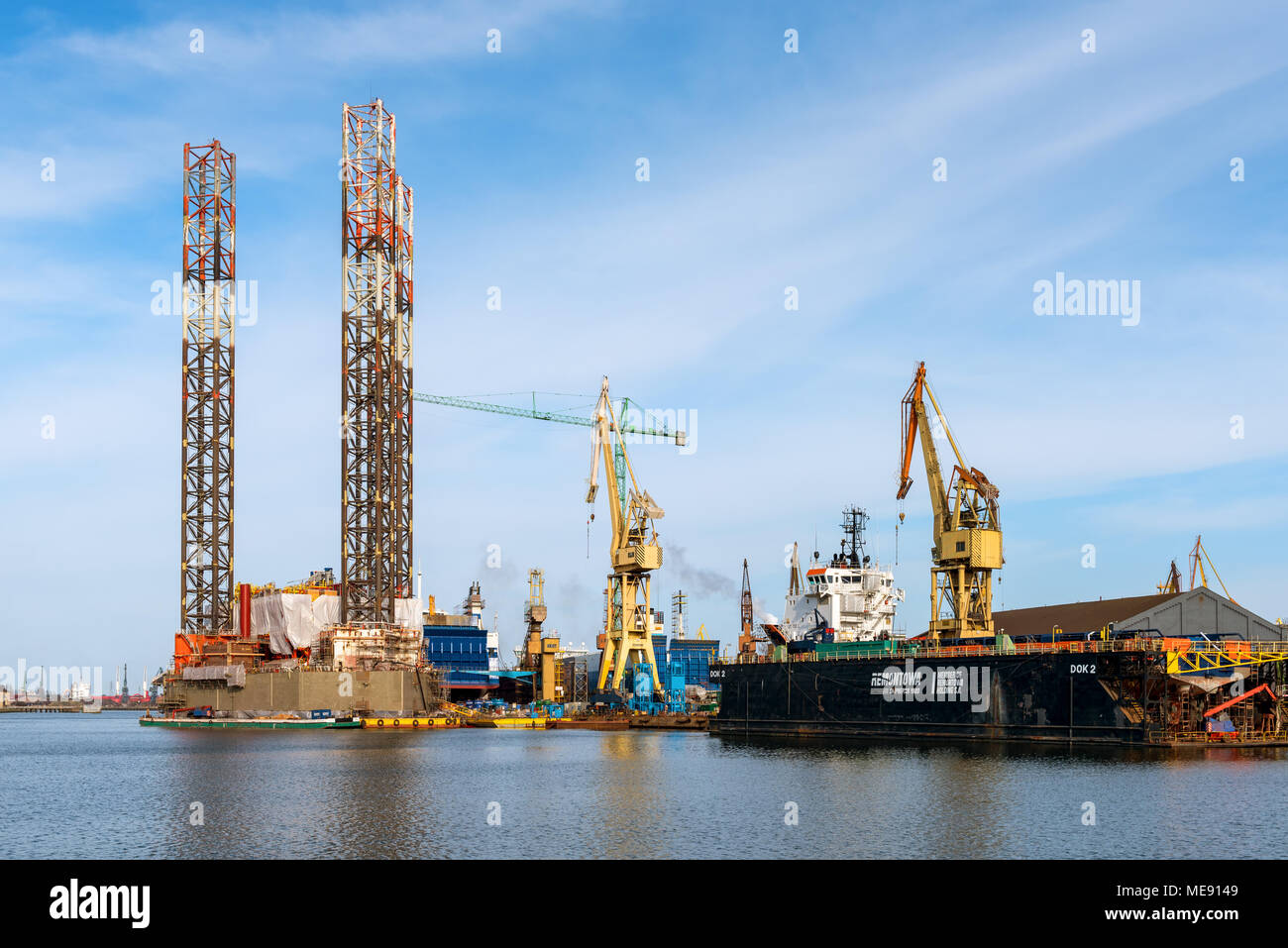 GDANSK, POLAND - April 15, 2018: Oil rig Petrobaltic docked in shipyard ...