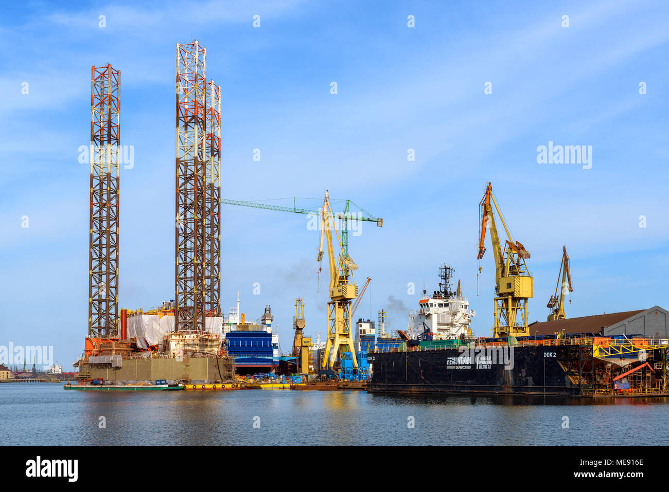 GDANSK, POLAND - April 15, 2018: Oil rig Petrobaltic docked in shipyard ...