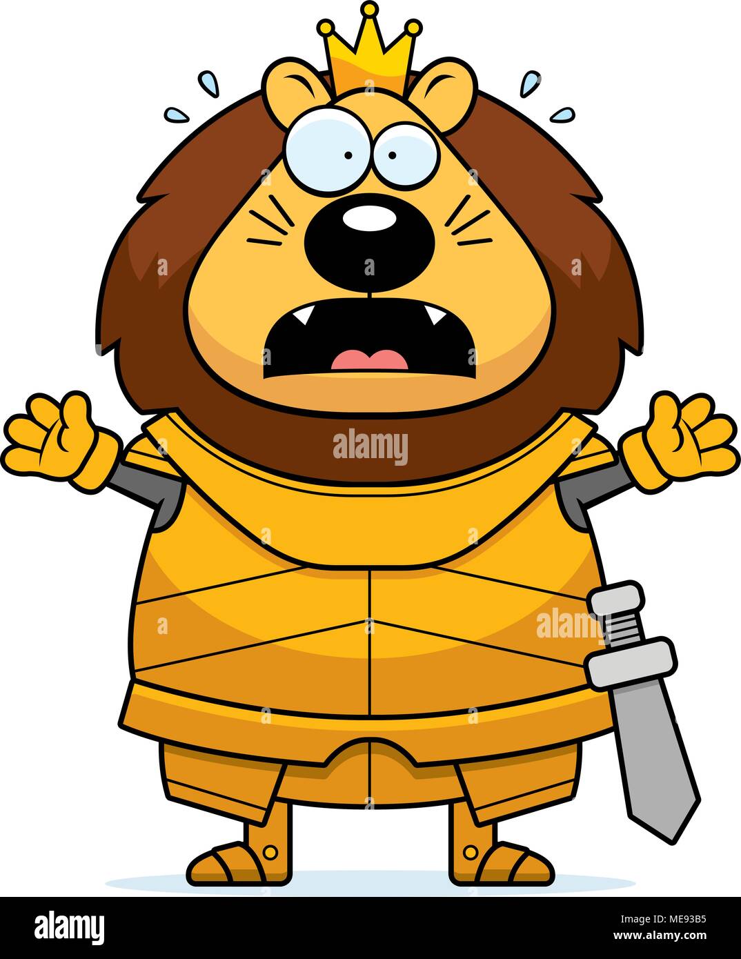 A cartoon illustration of a lion king in armor looking scared Stock ...