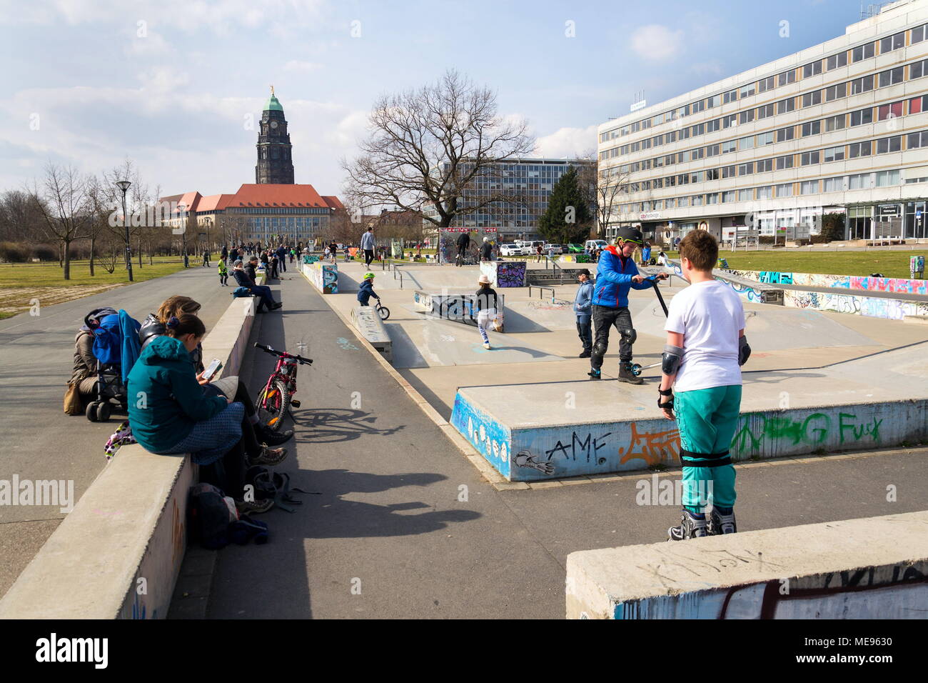 DRESDEN, GERMANY - APRIL 1 2018: People in Lingneralle skatepark with ...