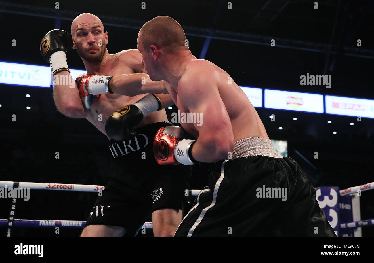 Steven Ward (left) against Michal Ciach during their Light-Heavyweight ...