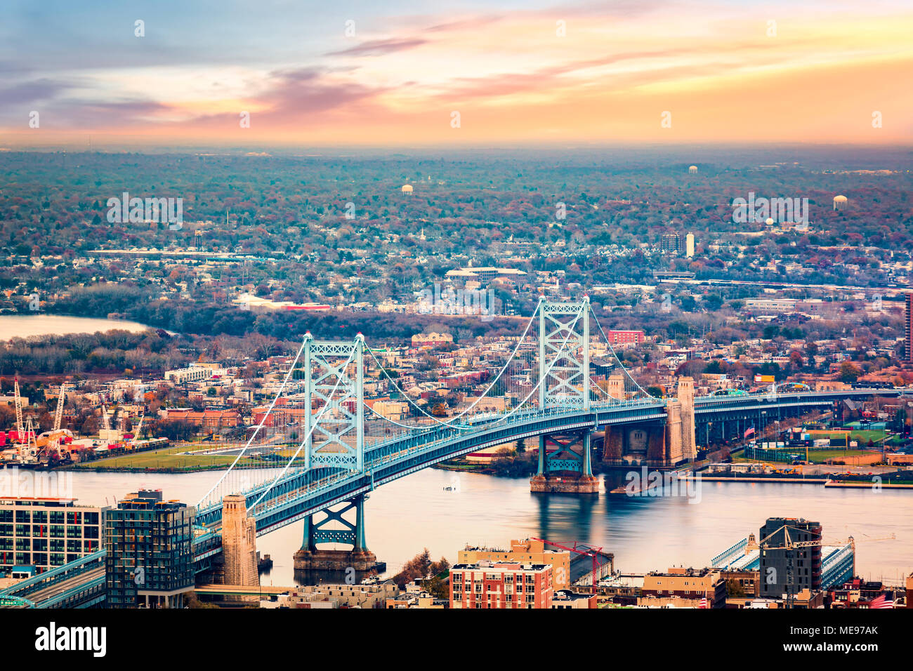 Aerial view of Ben Franklin bridge spanning Delaware river, in ...
