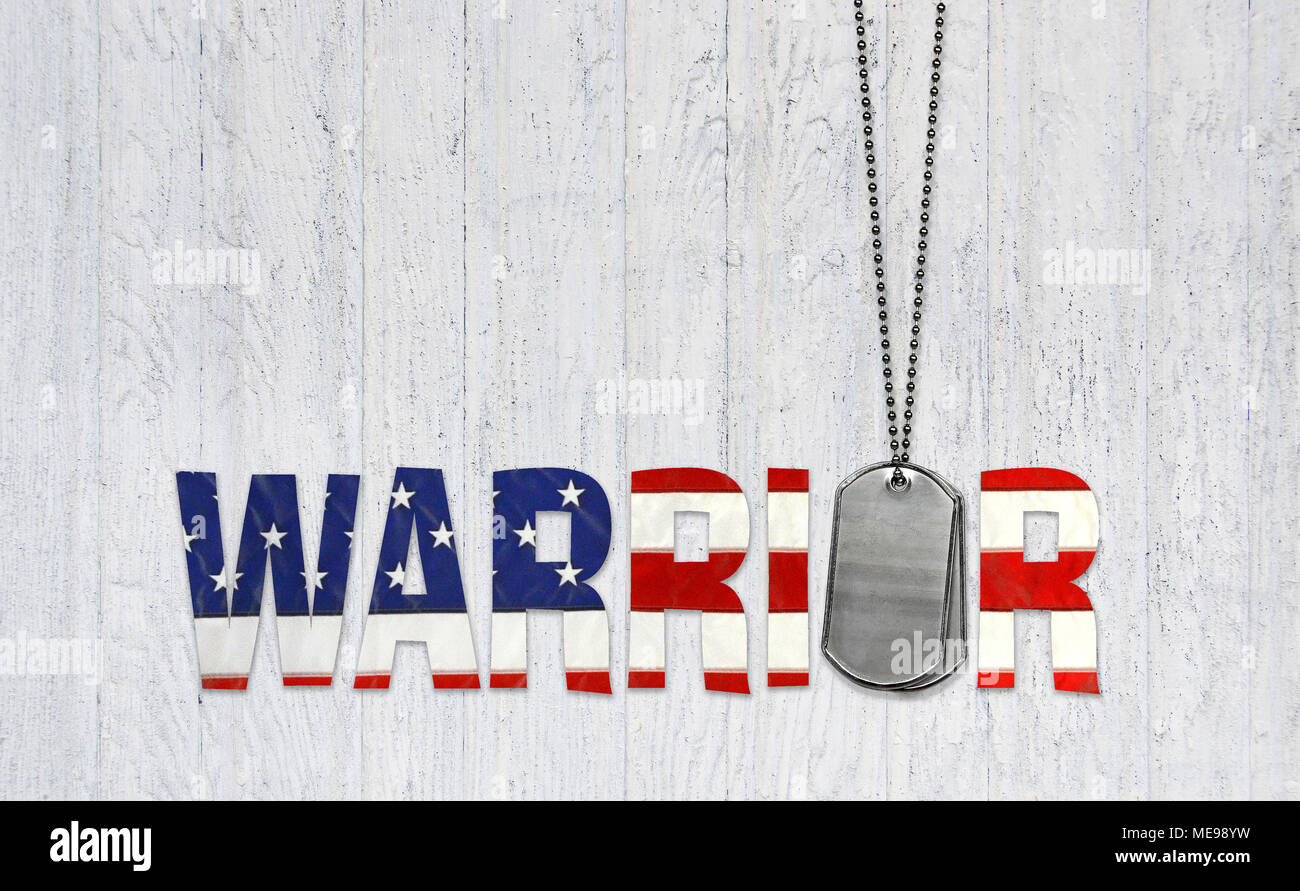 military dog tags with warrior text in American flag pattern on ...