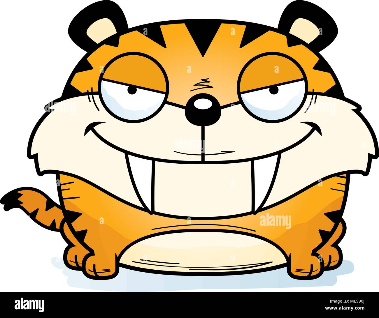 A cartoon illustration of a saber-toothed tiger cub with a sly ...