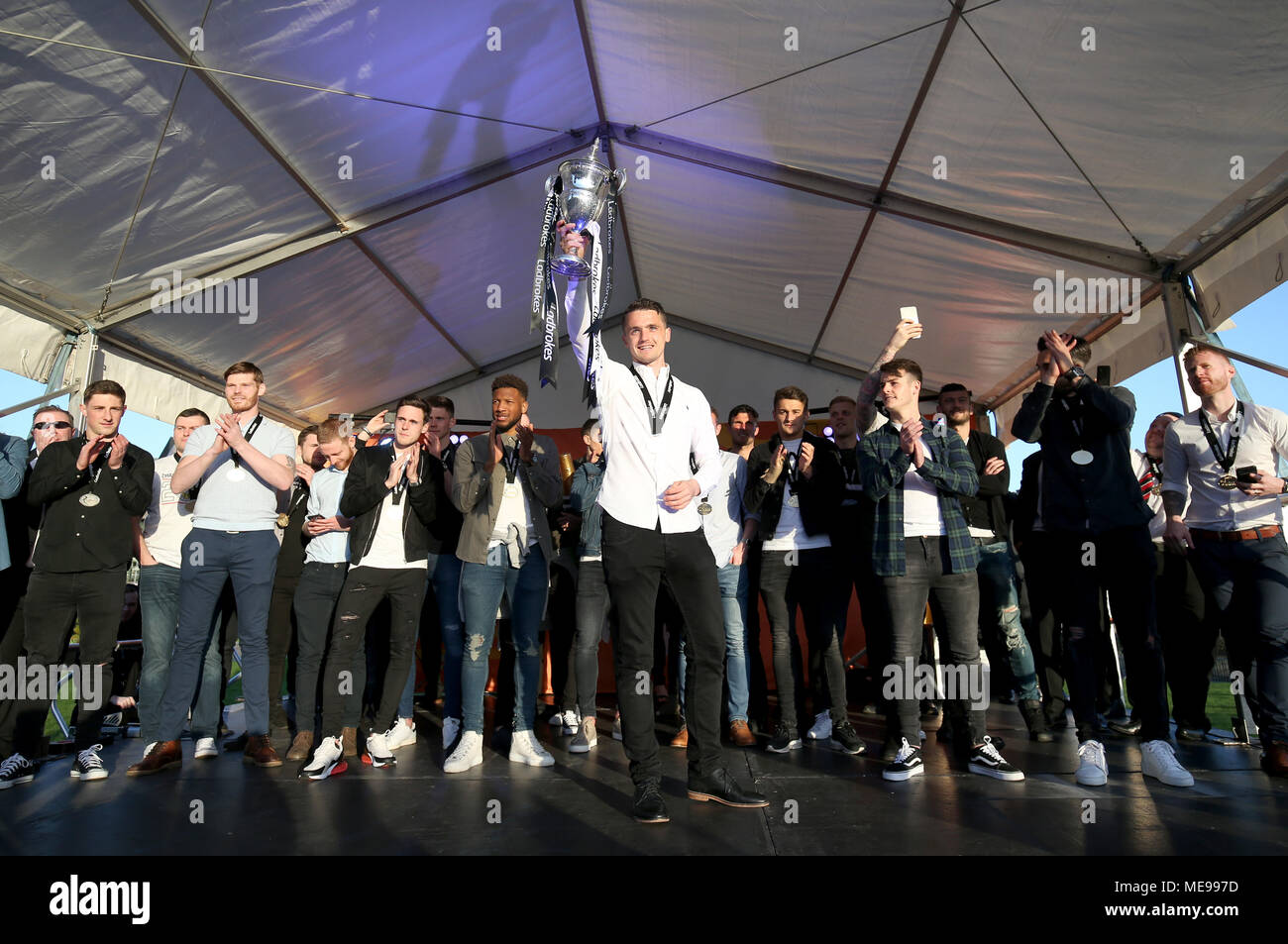 St Mirren captain Stephen McGinn with the trophy during the winner's ...