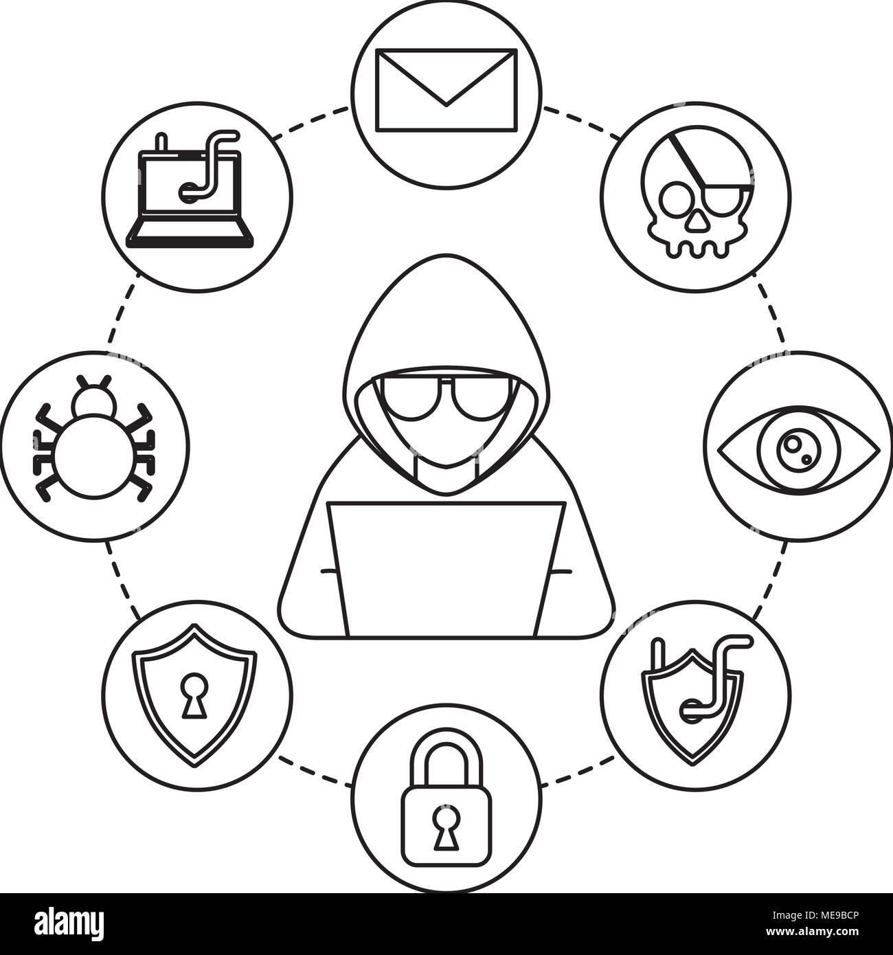 cyber security hacker with laptop shield padlock eye email bug skull ...