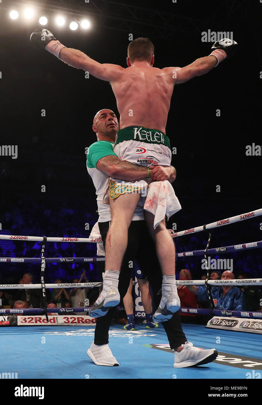 Luke Keeler is lifted by Pete Taylor at the end of his WBO European ...