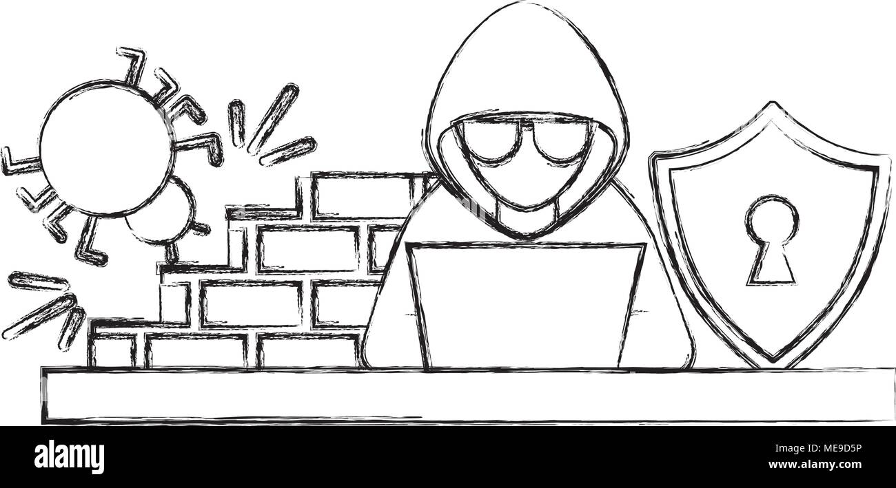 cyber security hacker working laptop bug firewall shield Stock Vector ...