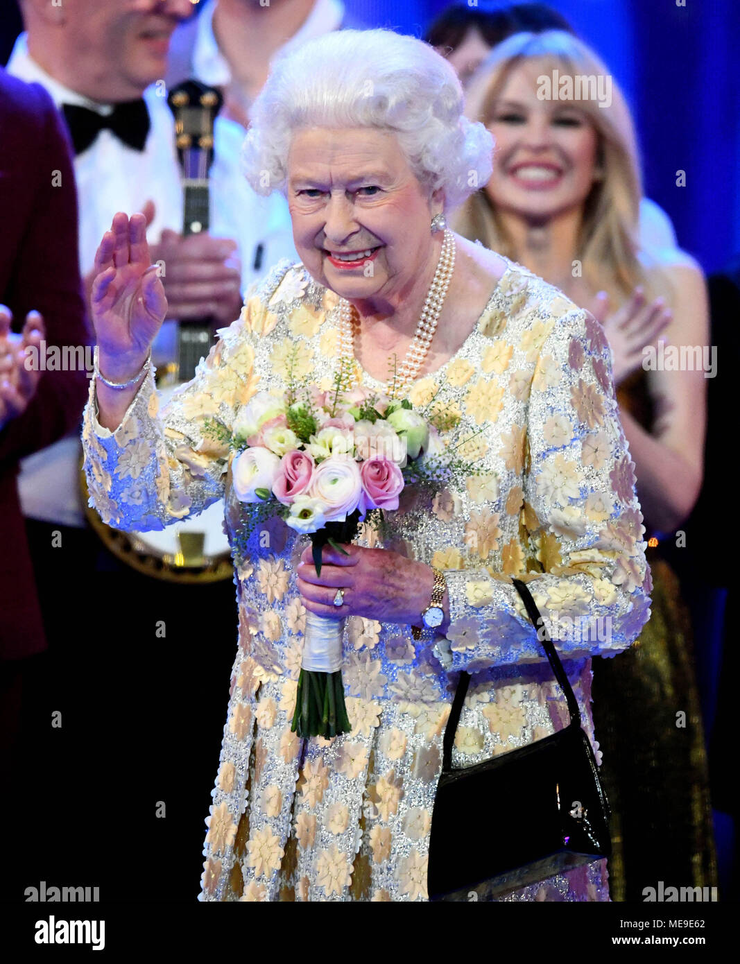 Queen Elizabeth II on stage at the Royal Albert Hall in London during a ...