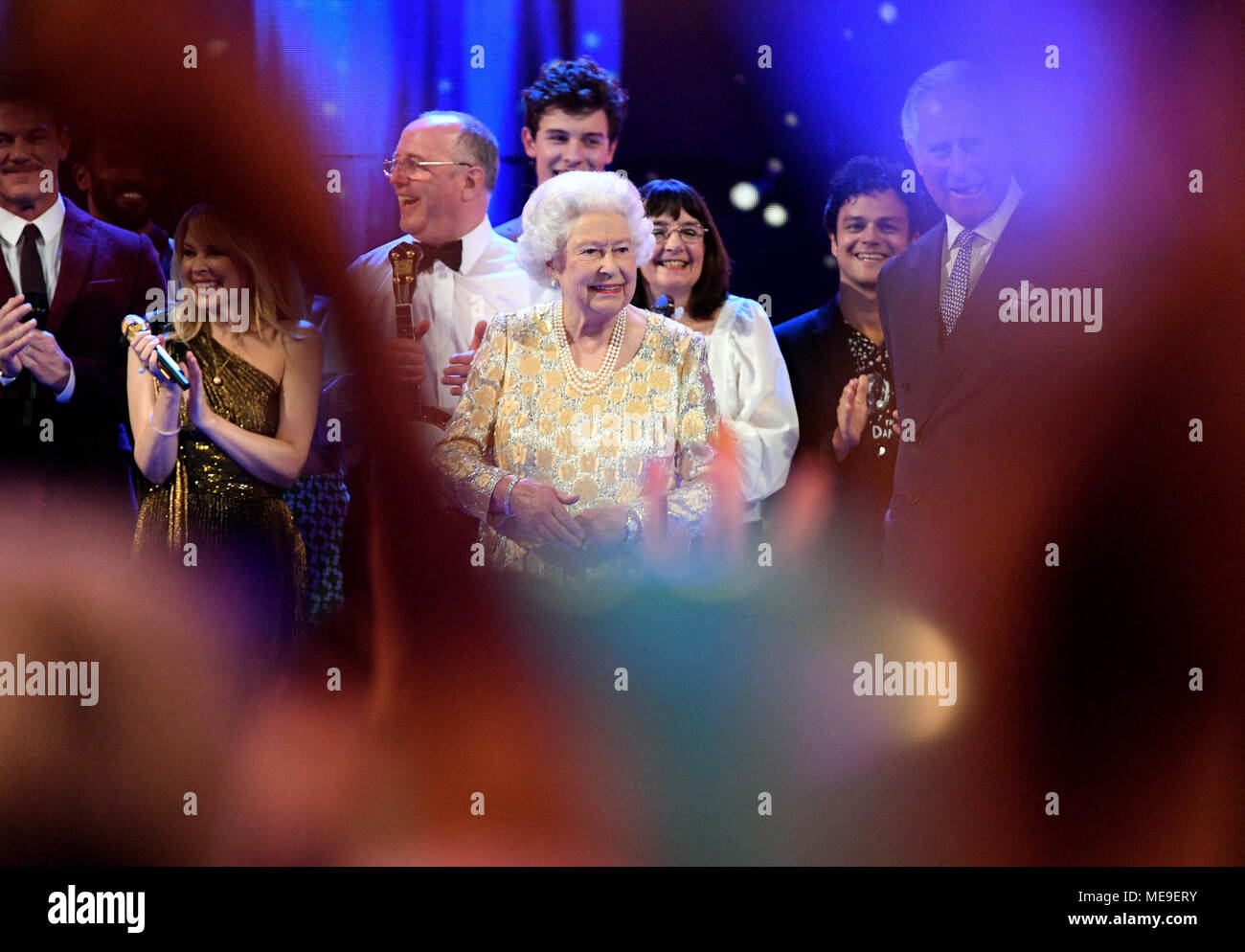 Queen Elizabeth II with performers on stage at the Royal Albert Hall in ...