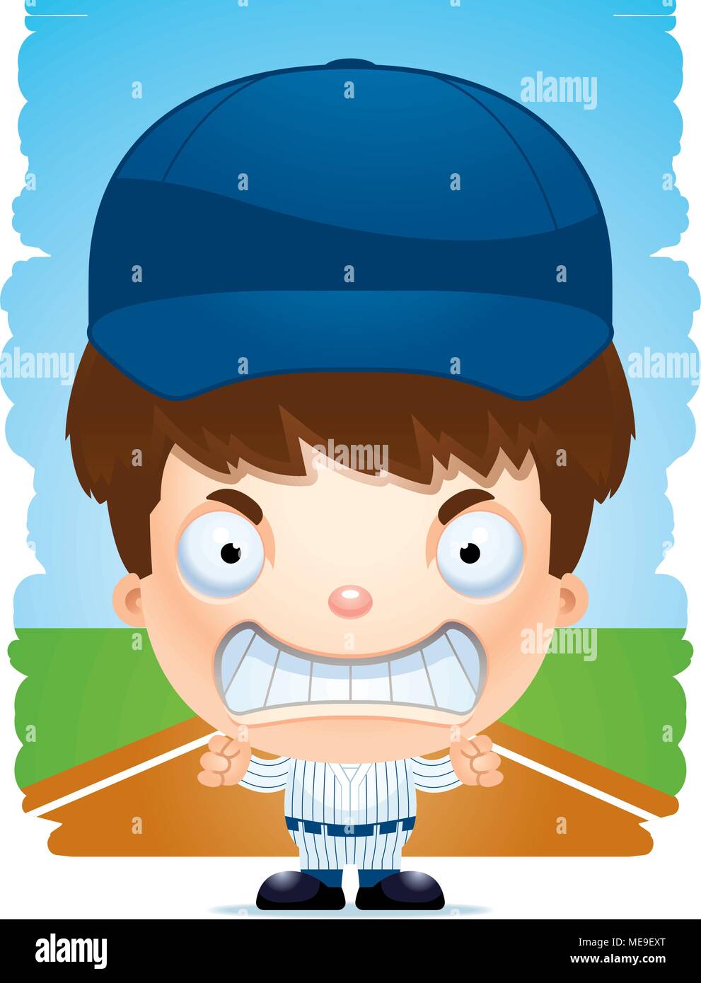A cartoon illustration of a boy baseball player with an angry ...