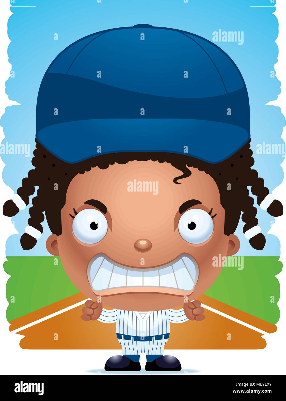 A cartoon illustration of a girl baseball player with an angry ...