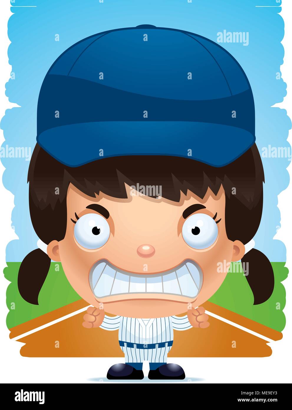 A cartoon illustration of a girl baseball player with an angry ...