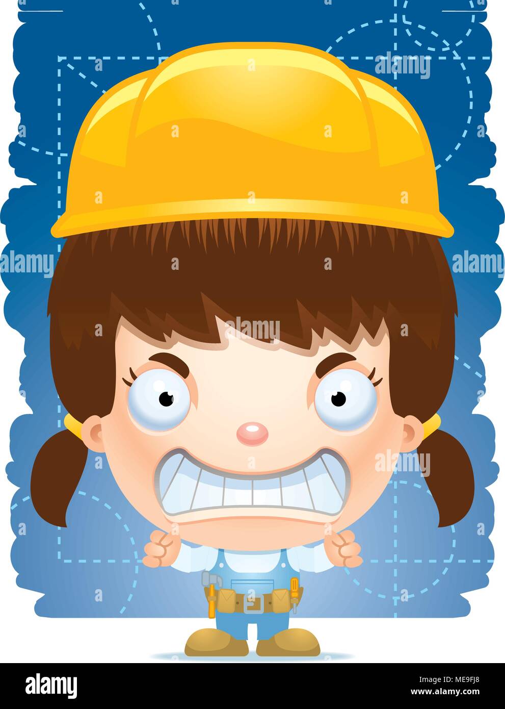 A cartoon illustration of a girl handyman with an angry expression ...