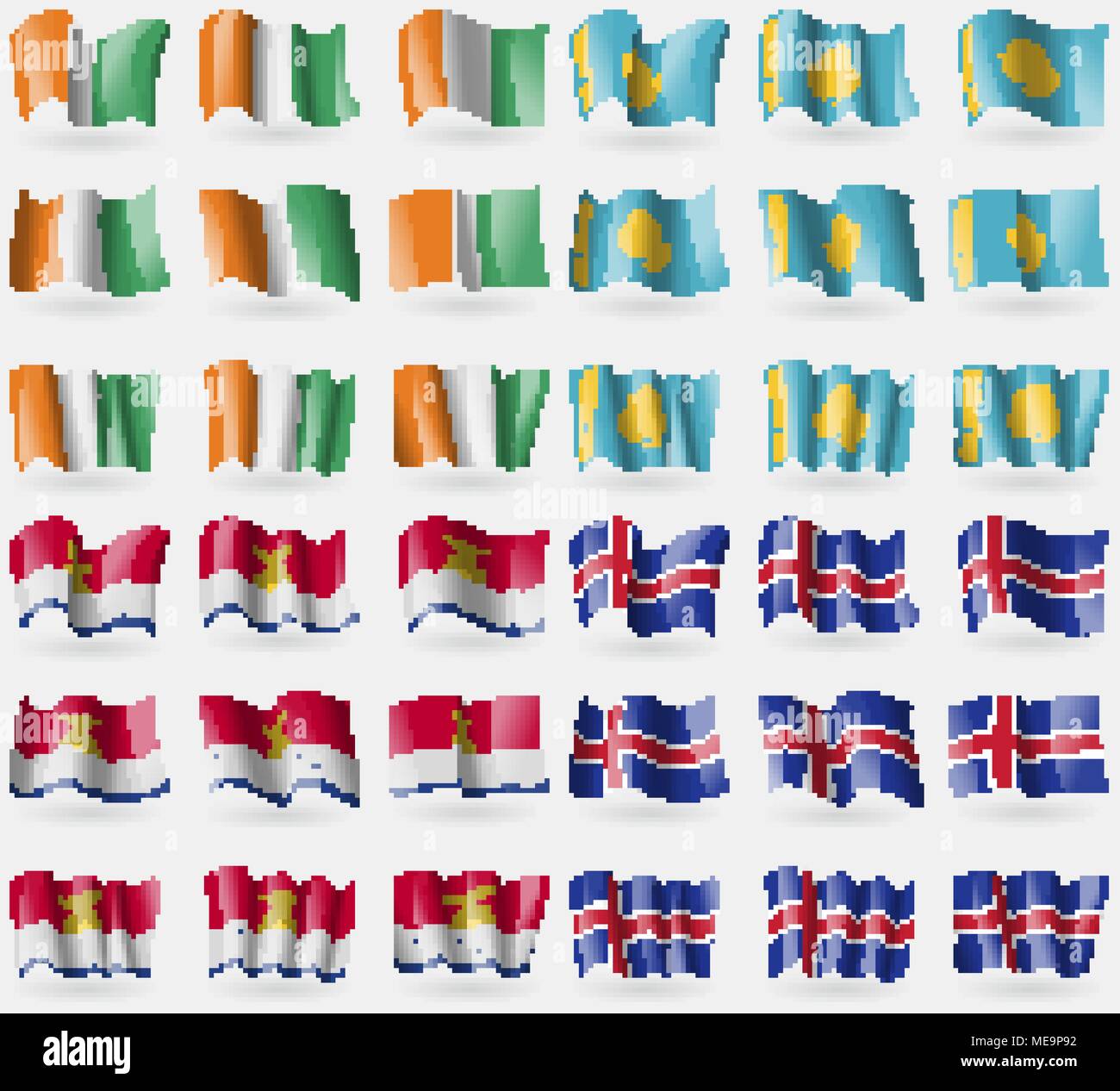 Cote Divoire, Kazakhstan, Kiribati, Iceland. Set of 36 flags of the ...