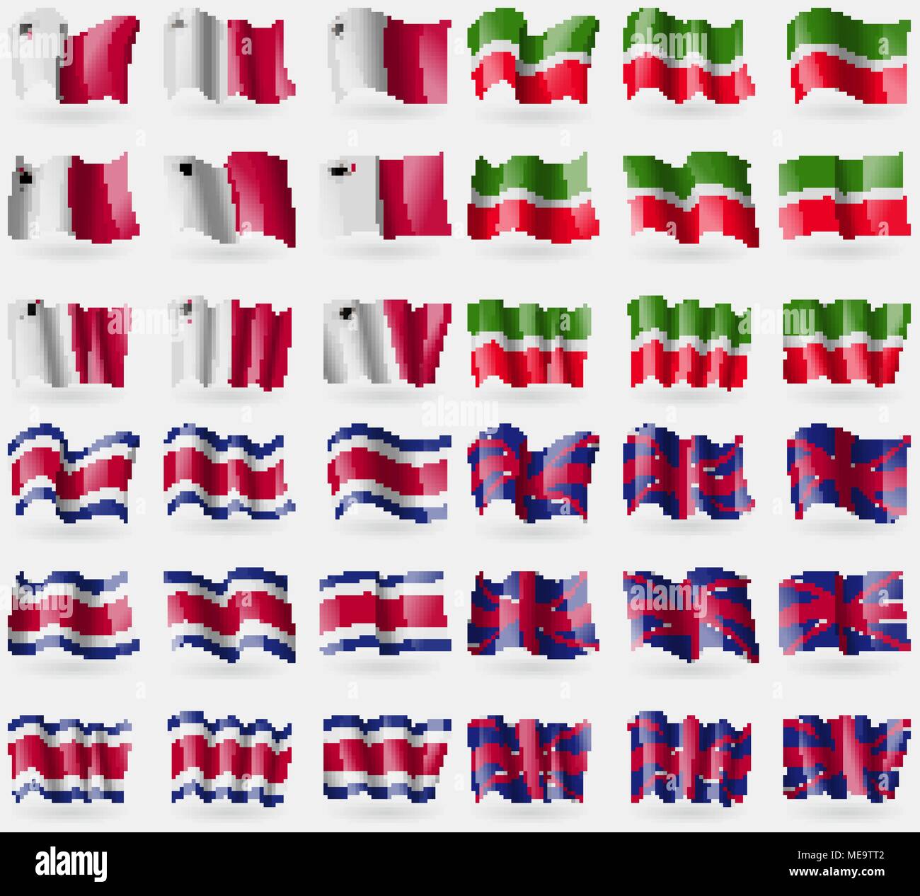 Malta, Tatarstan, Costa Rica, United Kingdom. Set of 36 flags of the ...