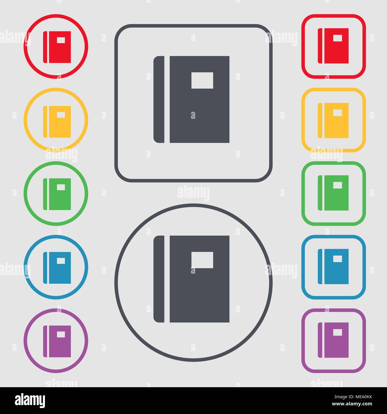 Book icon sign. symbol on the Round and square buttons with frame ...