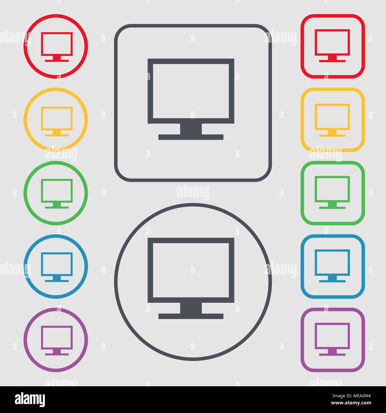 Computer Widescreen Monitor Icon Sign Symbol On The Round And Square Buttons With Frame Vector