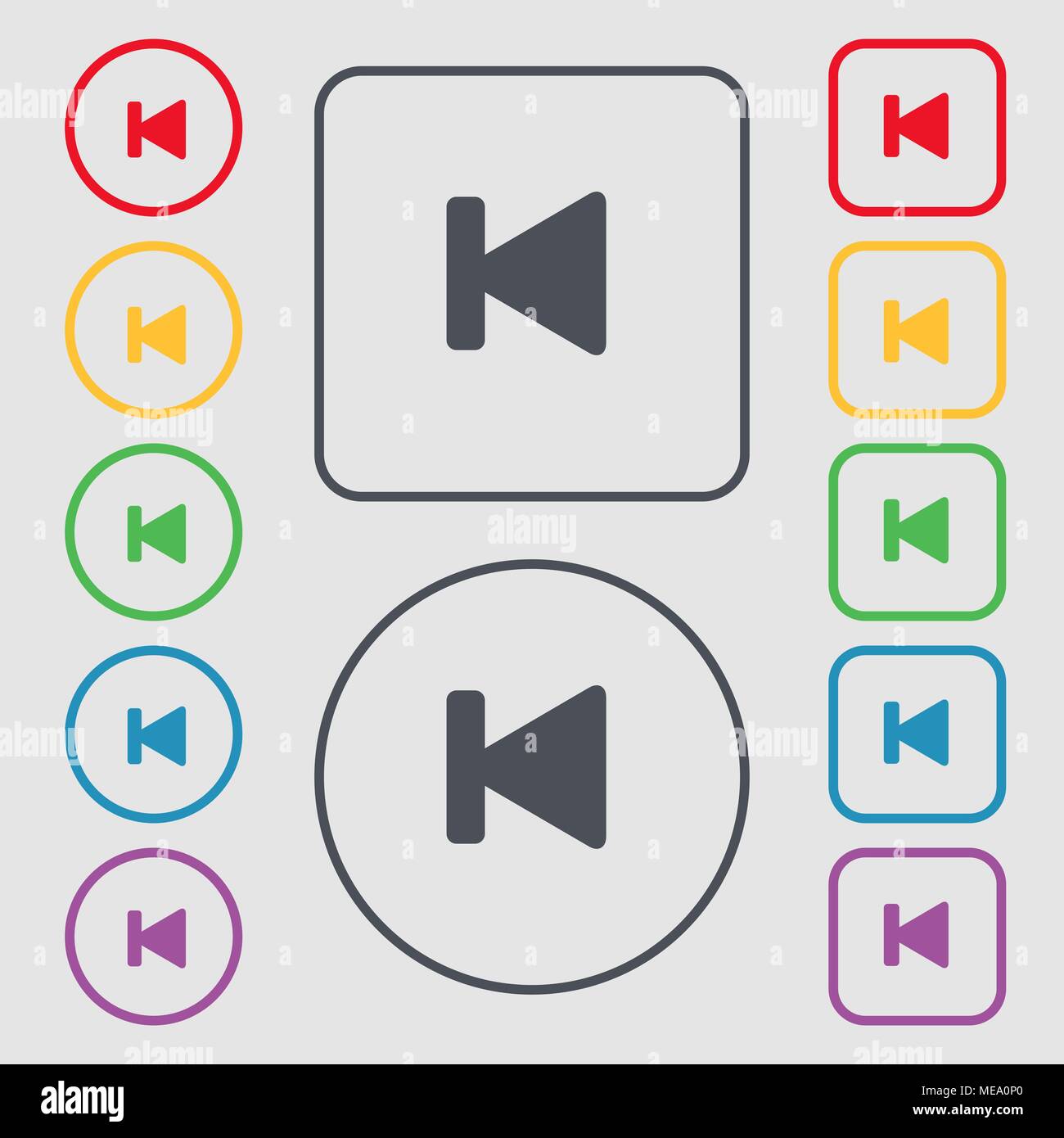 fast backward icon sign. symbol on the Round and square buttons with ...