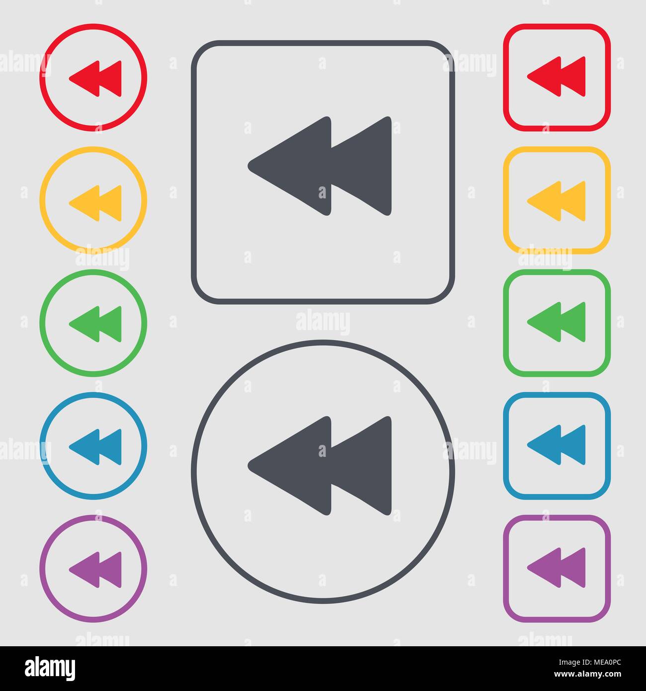 rewind icon sign. symbol on the Round and square buttons with frame. Vector illustration Stock ...