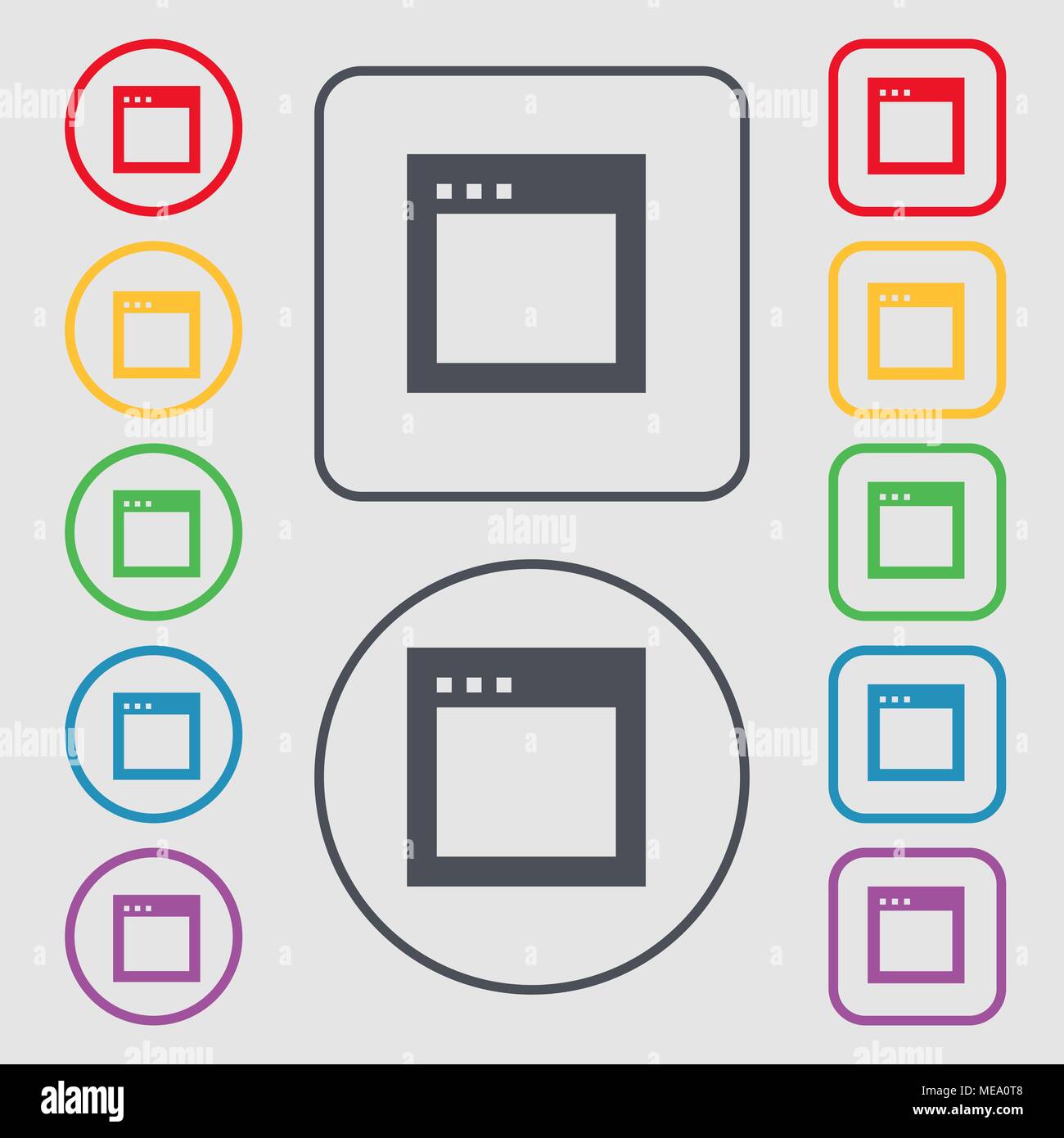 Simple Browser window icon sign. symbol on the Round and square buttons ...