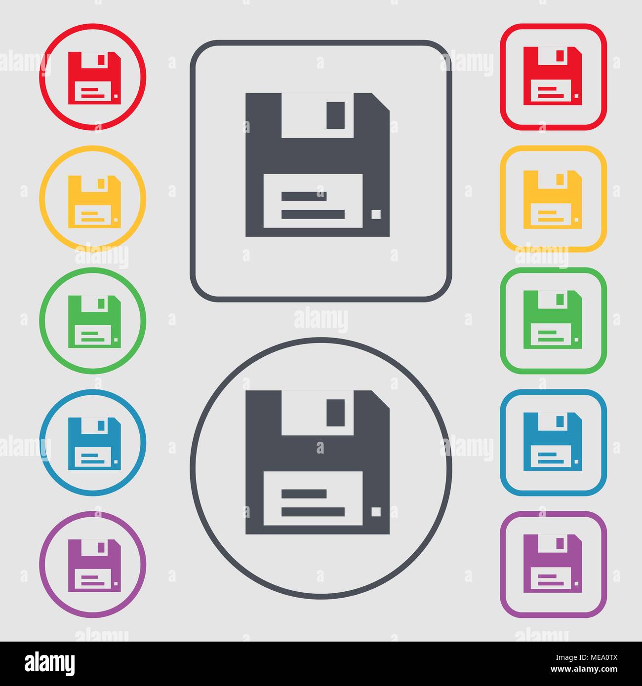floppy icon sign. symbol on the Round and square buttons with frame ...