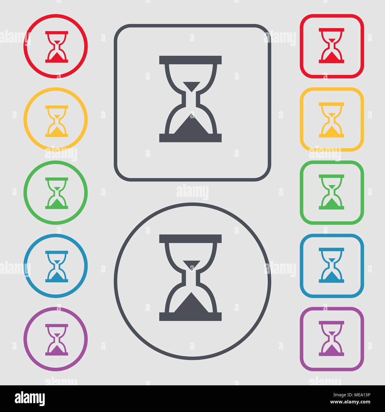 Hourglass, Sand timer icon sign. symbol on the Round and square buttons ...