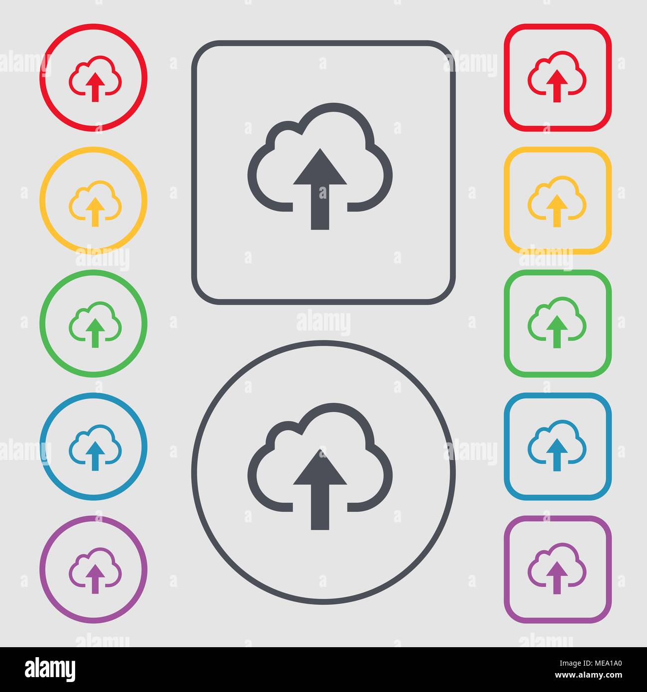 Upload from cloud icon sign. symbol on the Round and square buttons ...