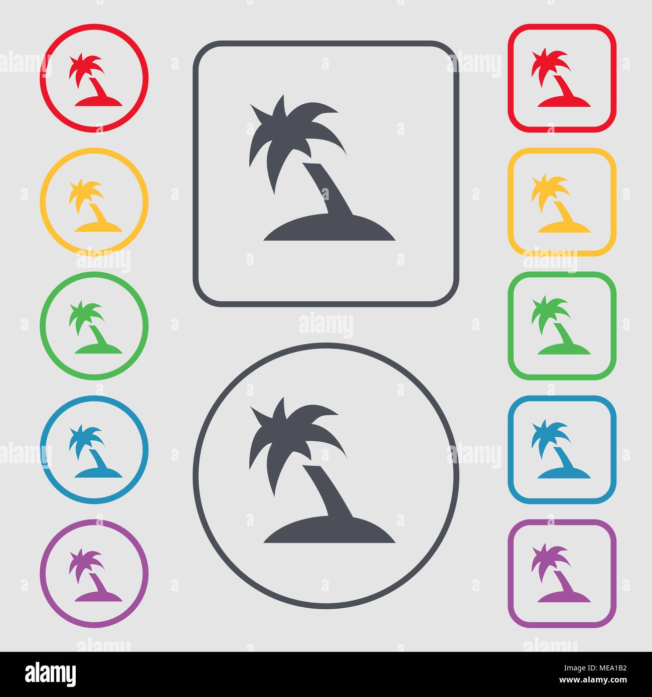 Palm Tree, Travel trip icon sign. symbol on the Round and square ...