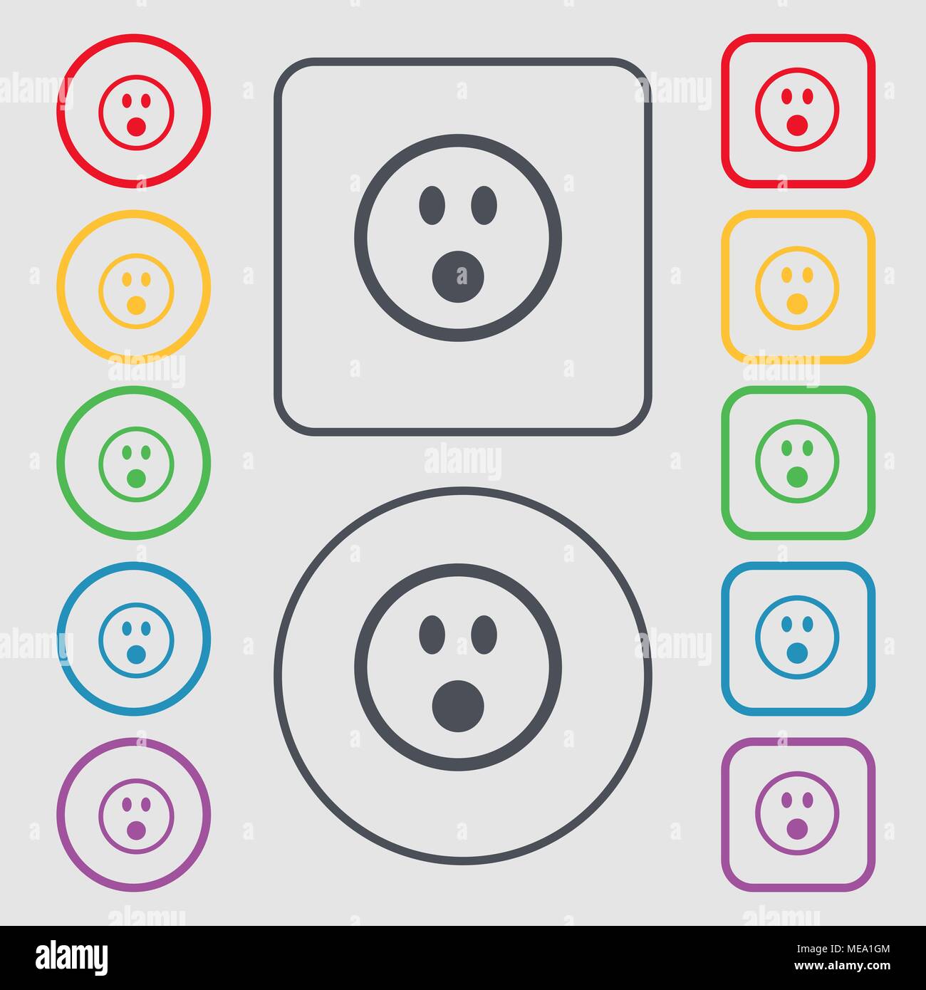Shocked Face Smiley icon sign. symbol on the Round and square buttons ...