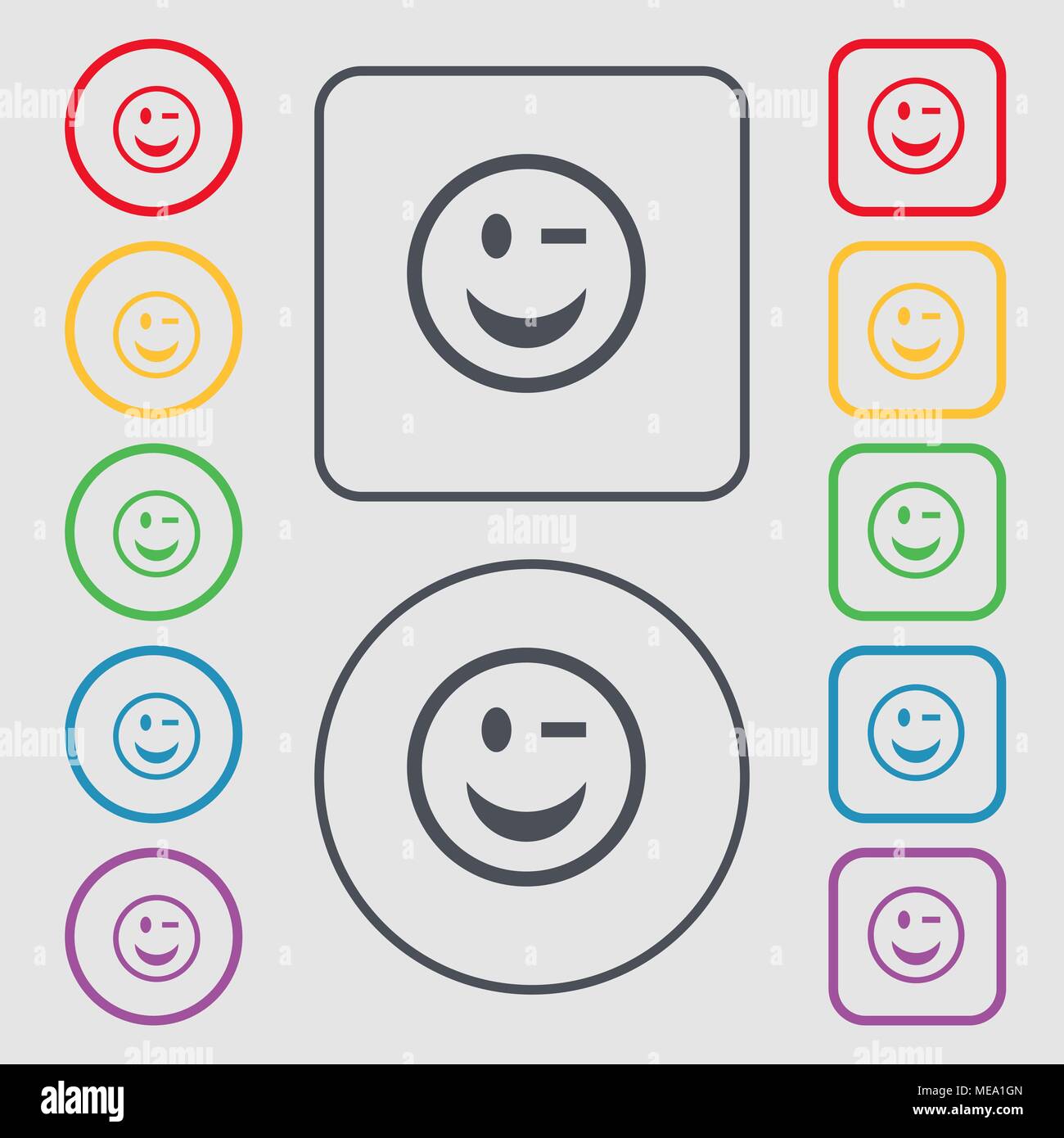 Winking Face icon sign. symbol on the Round and square buttons with ...
