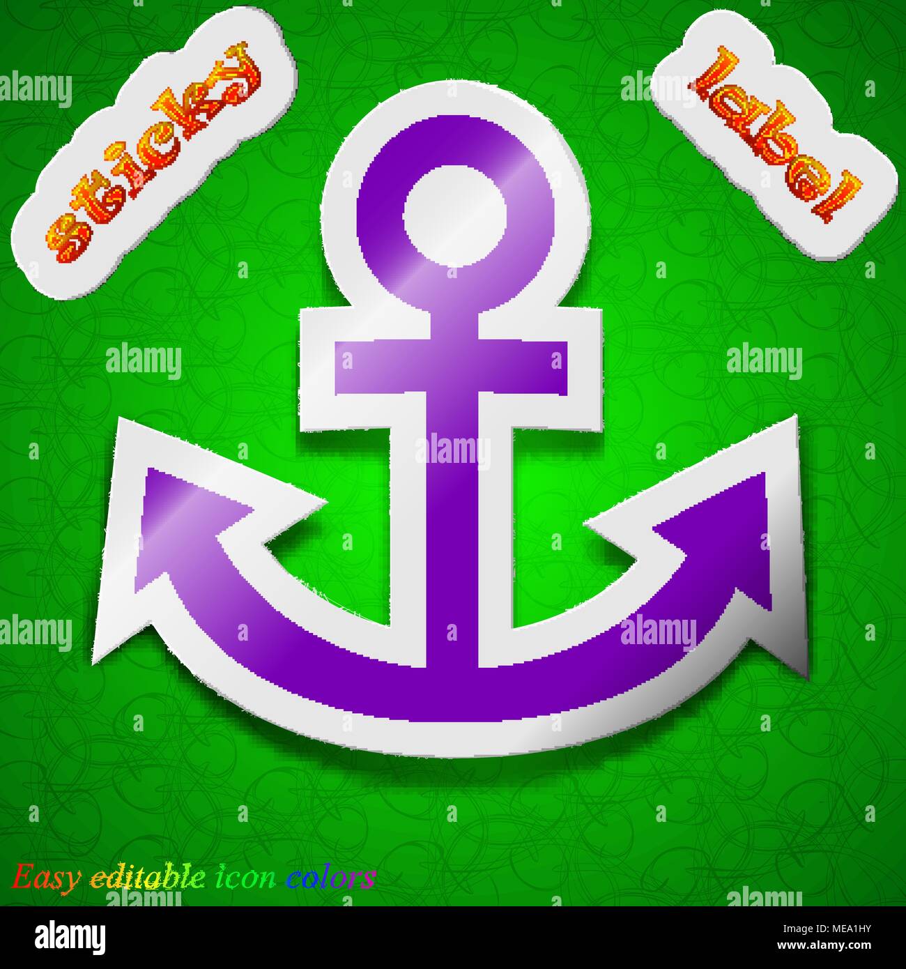 Anchor icon sign. Symbol chic colored sticky label on green background ...
