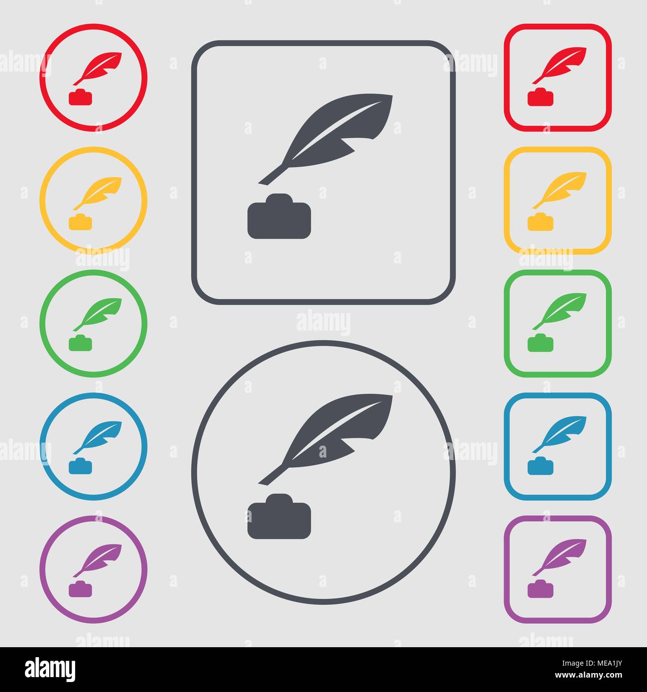 Feather, Retro pen icon sign. symbol on the Round and square buttons ...