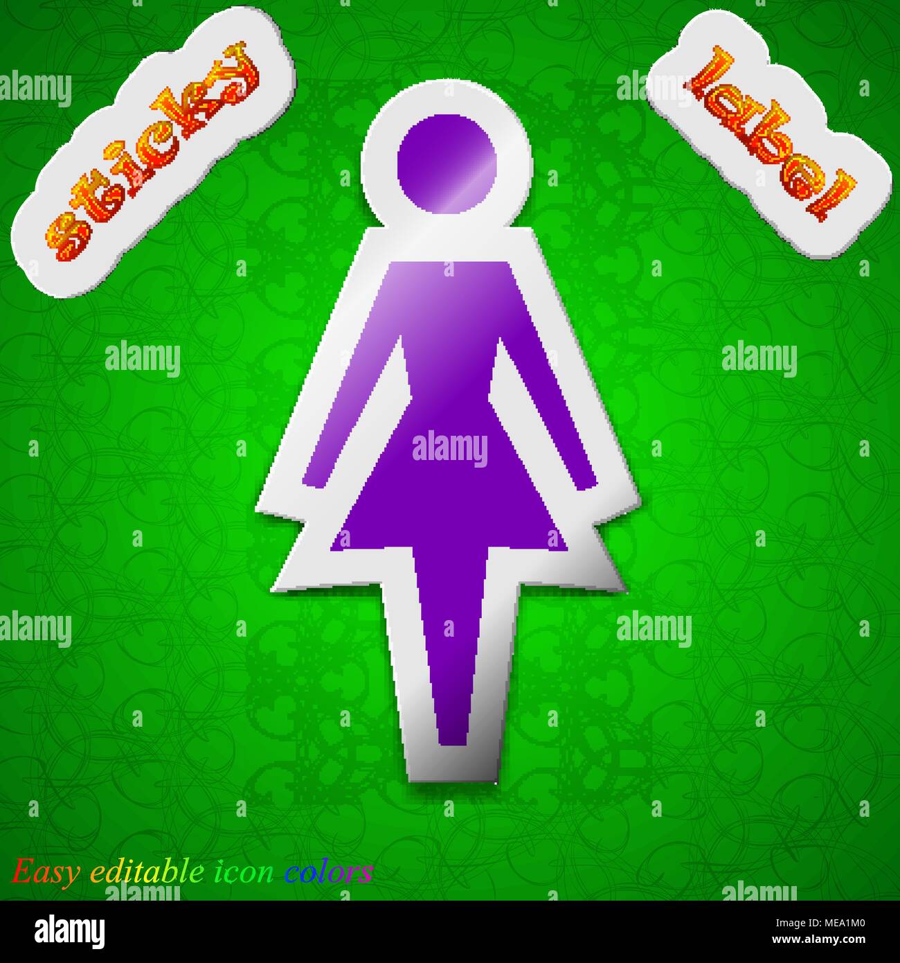 Female icon sign. Symbol chic colored sticky label on green background ...