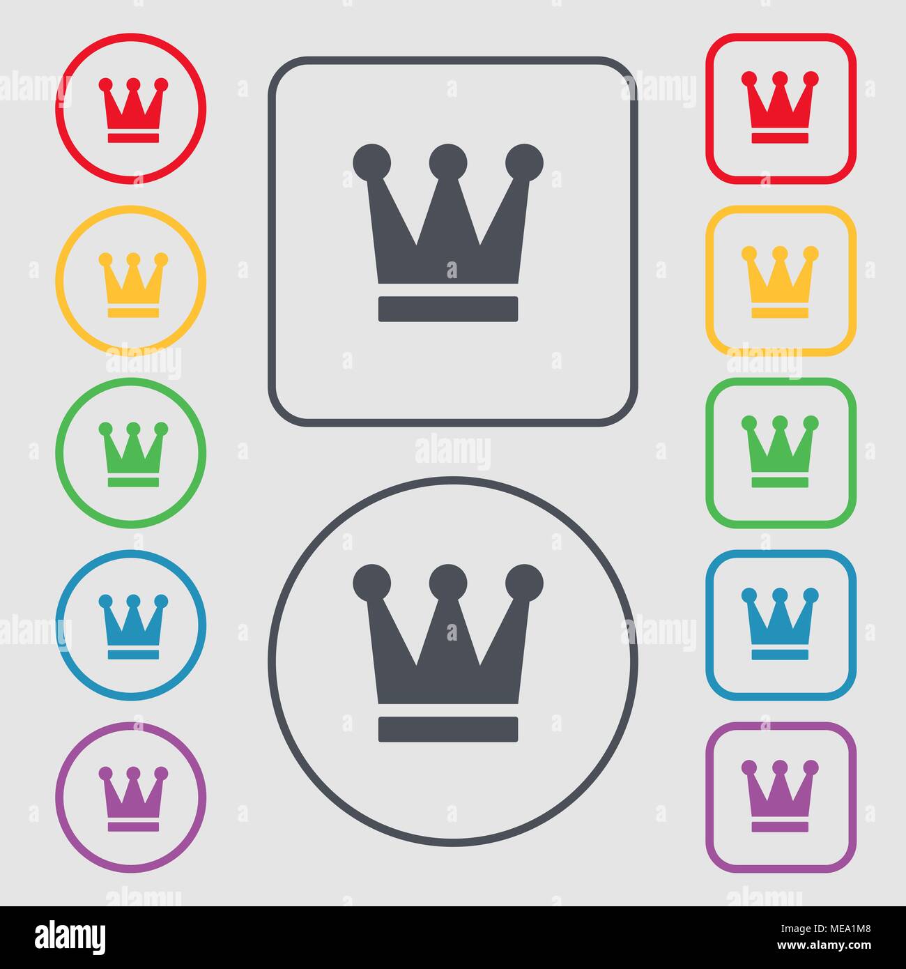 King, Crown icon sign. symbol on the Round and square buttons with ...