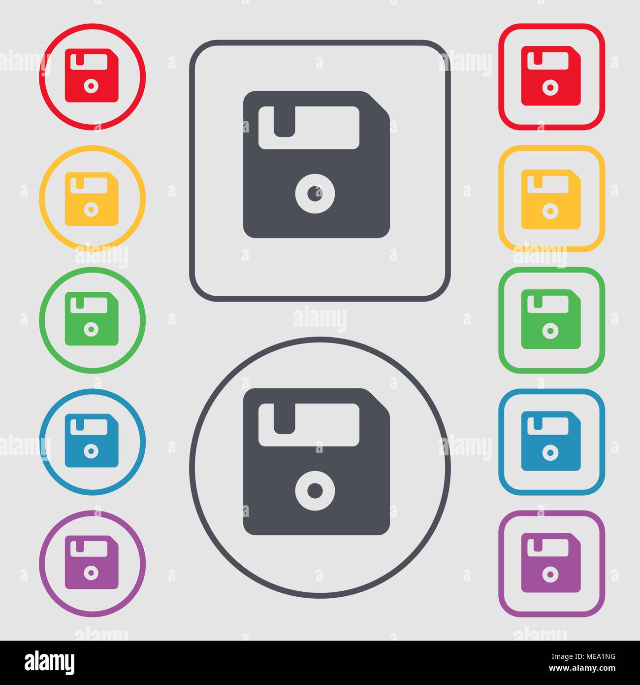 floppy icon sign. symbol on the Round and square buttons with frame ...